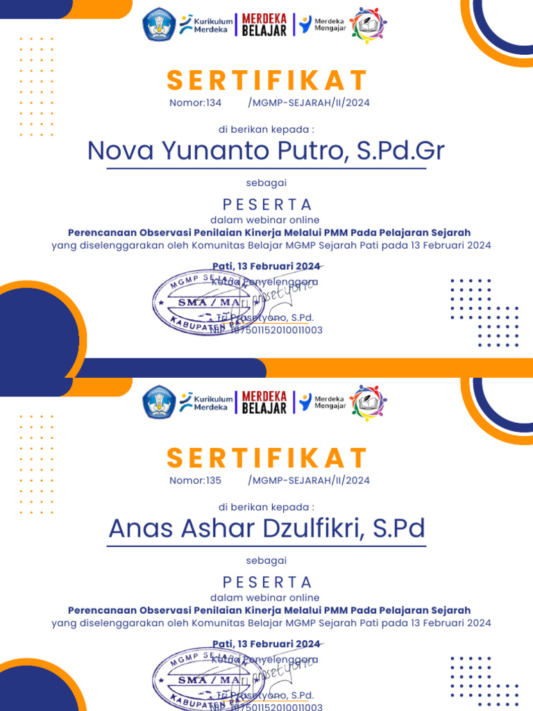 Sertifikat - Peserta - Webinar Online Seri 1 MGMP Sejarah Pati | PDF