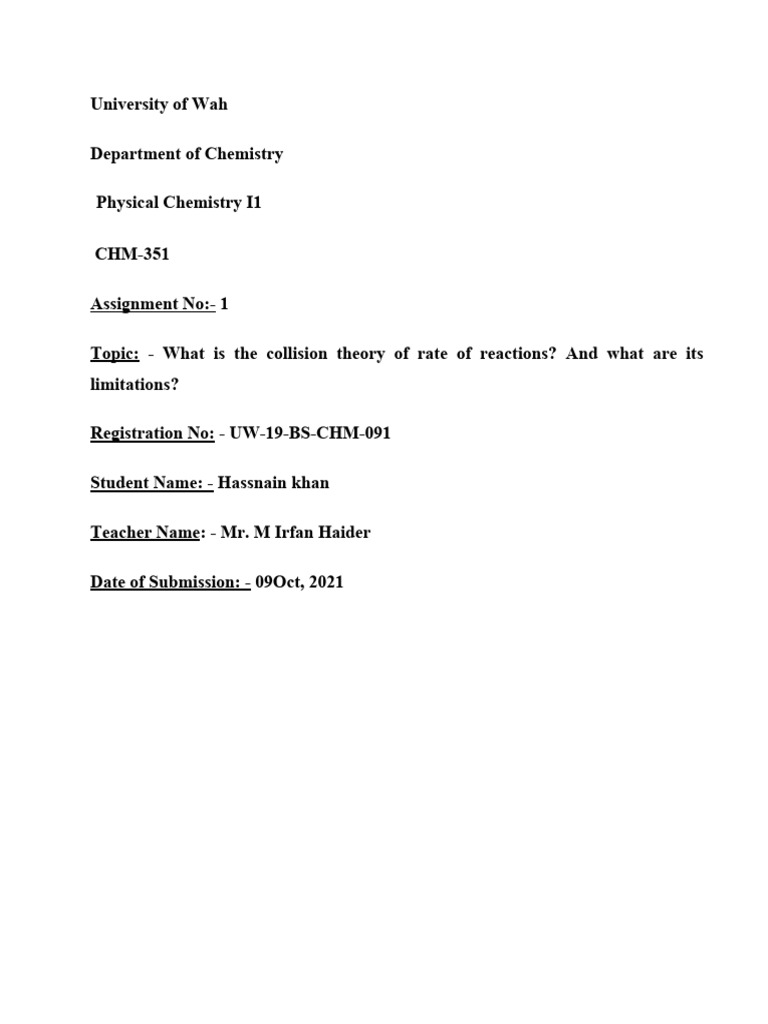 Physical Chemistry Assignment 03 | PDF | Reaction Rate | Chemical Reactions