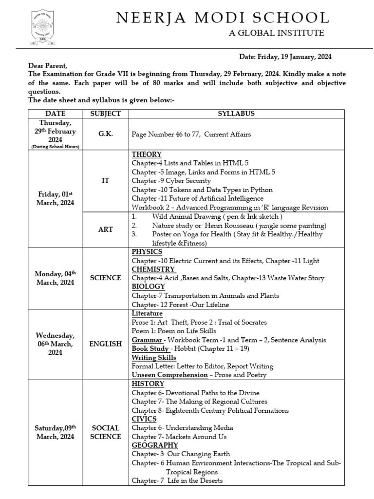 Grade VII Exam Schedule 2024 | PDF