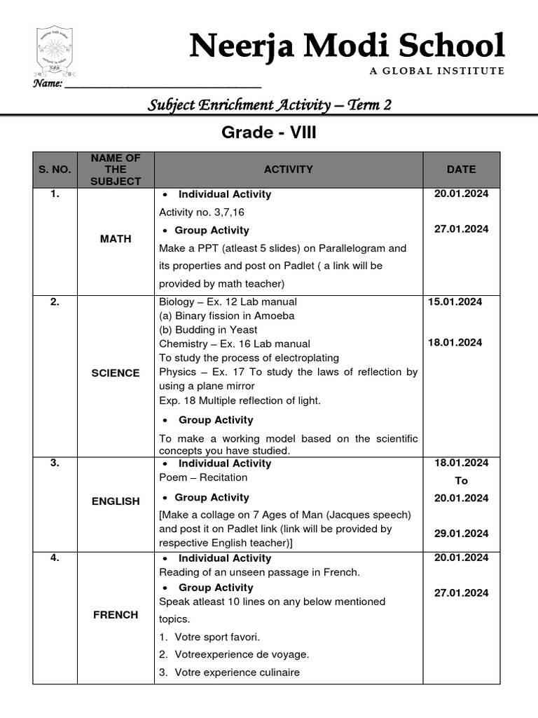 Grade VIII Term 2 Subject Activities | PDF | Science