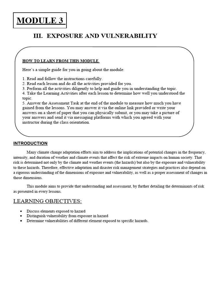 MODULE III - EXPOSURE AND VULNERABILITY Lesson 1 ELEMENTS EXPOSED TO HAZARD | PDF | Hazards | Risk