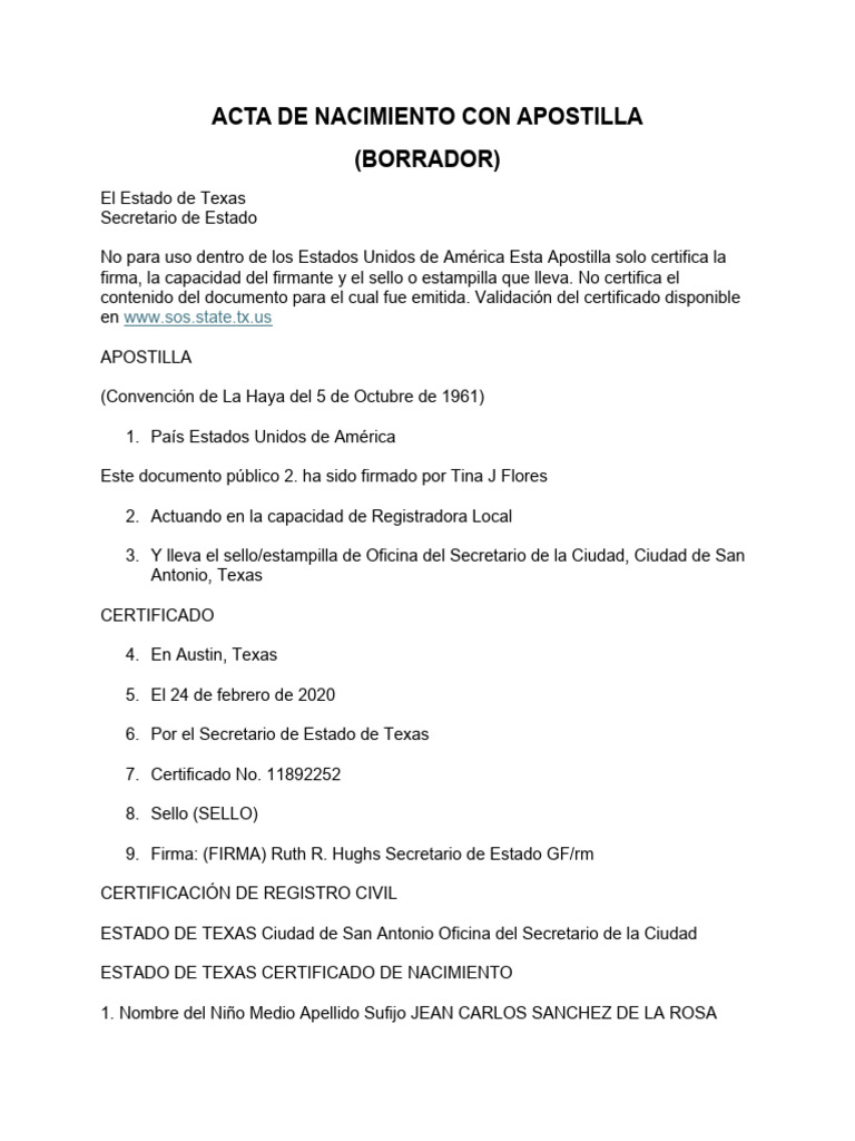 Acta de Nacimiento con Apostilla en Texas | PDF | Certificado de nacimiento
