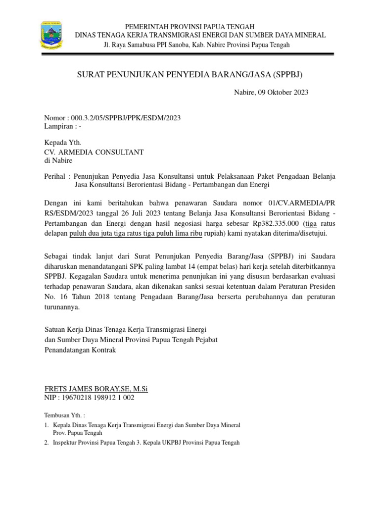 SURAT PENUNJUKAN PENYEDIA BARANG (SPPBJ) kONSULTAN NON KONSTRUKSI | PDF