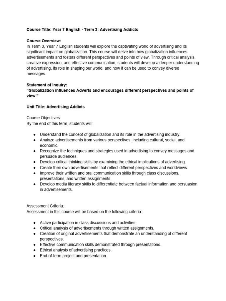 Course Title Year 7 English - Term 3 Advertising Addicts | PDF ...