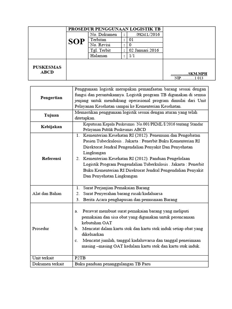 Sop Tbc Prosedur Penggunaan Logistik Tb Pdf Pengembangan Diri
