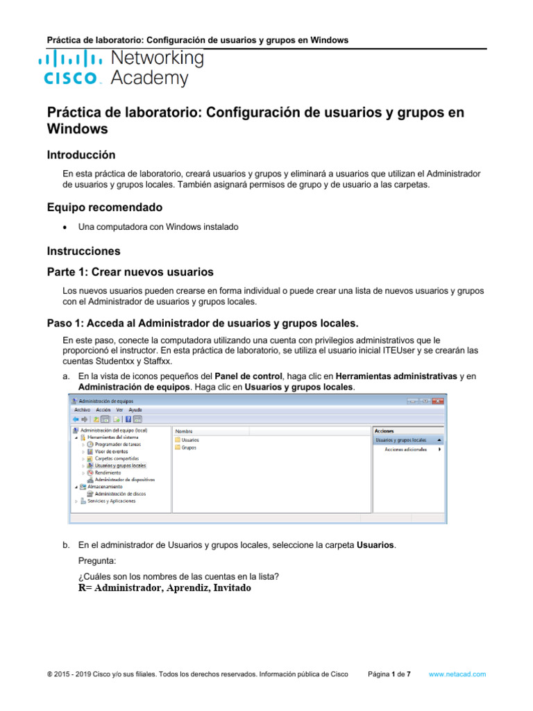 13.3.3.6 Lab - Configure Users and Groups in Windows | PDF | Ventana (informática) | Archivo de ...