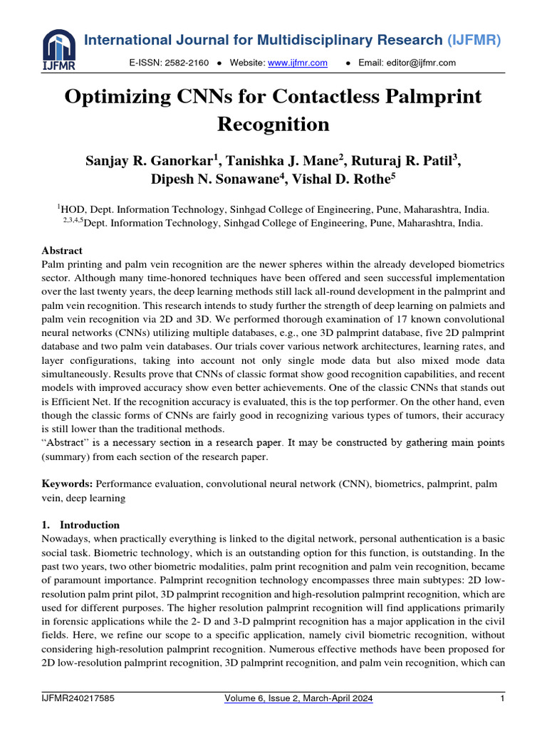 Optimizing CNNs For Contactless Palmprint Recognition | PDF | Deep Learning | Artificial Neural ...