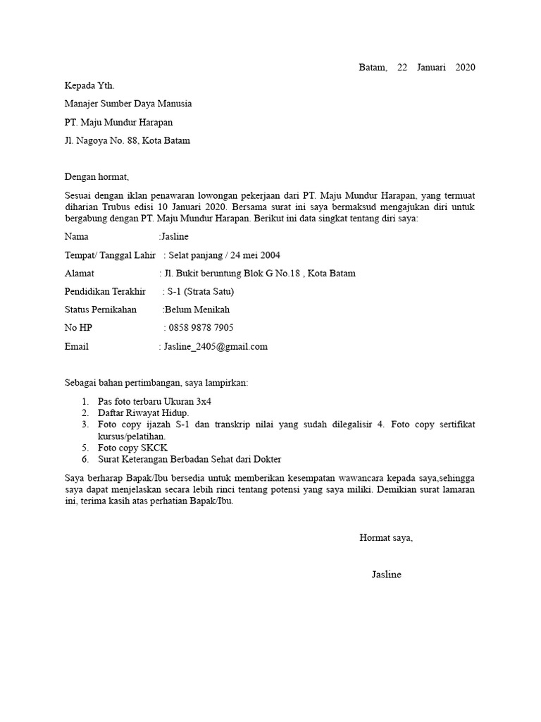 Contoh Surat Lamaran Kerja Iklan | PDF