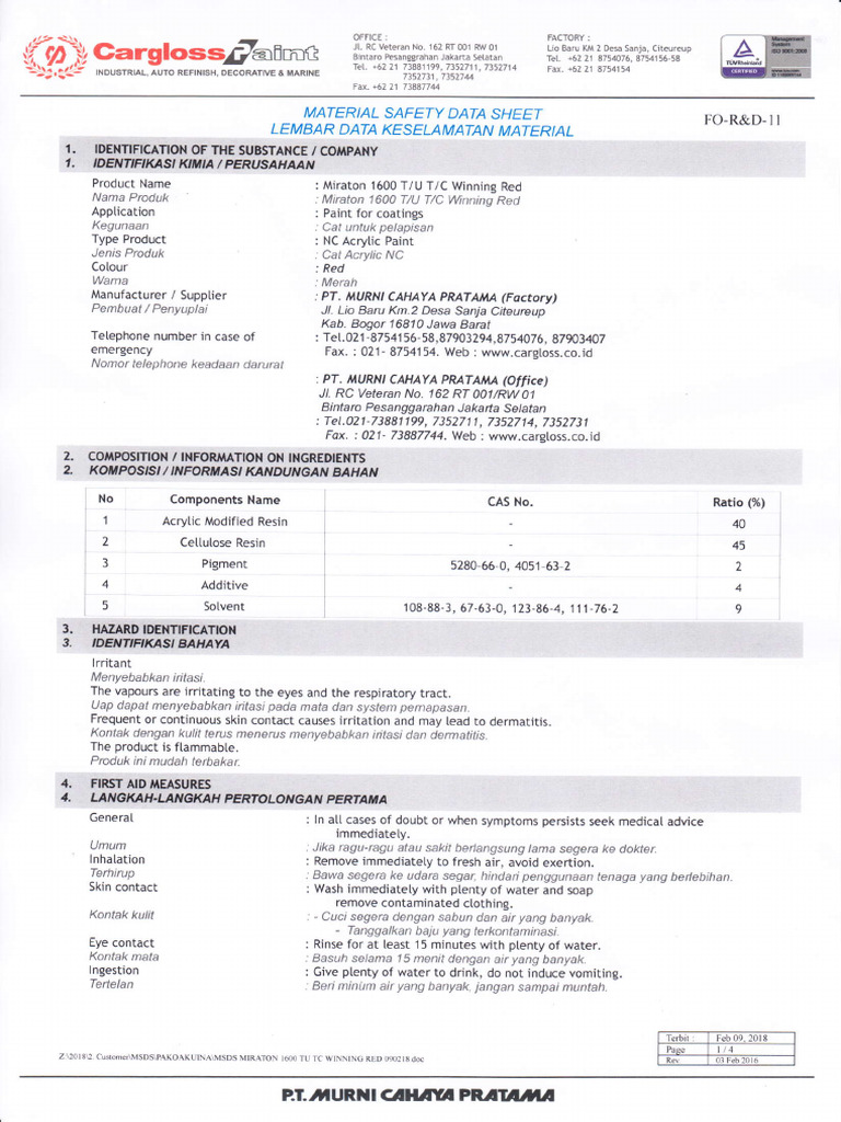 MSDS Miraton 1600 Tu TC Winning Red | PDF
