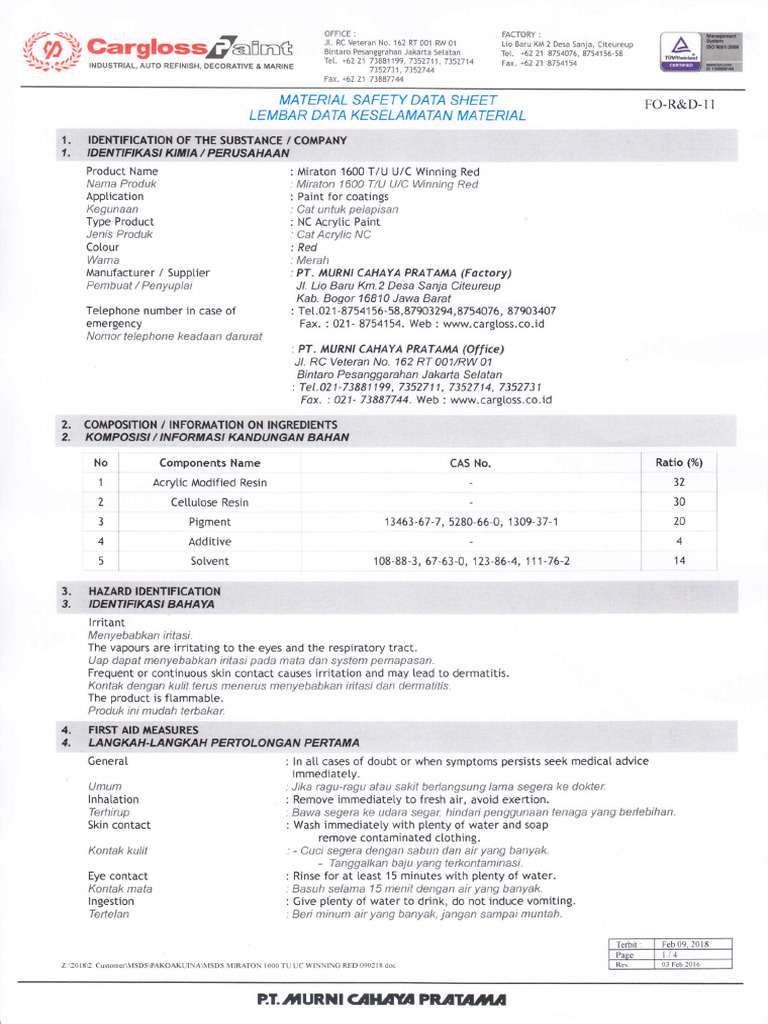 Msds Miraton 1600 Tu Uc Winning Red | PDF