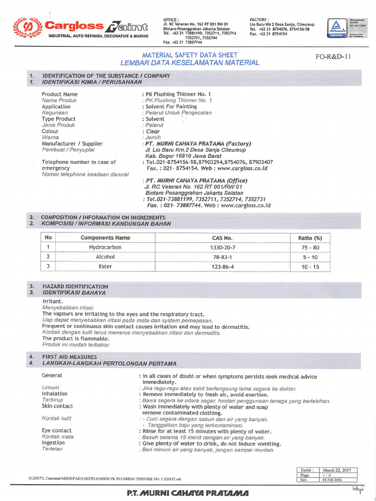Msds PK Flushing Thinner No 1 | PDF