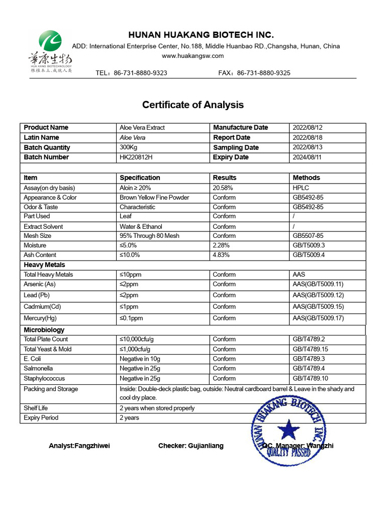 Aloe Vera Extract Certificate of Analysis | PDF | Materials | Chemical ...