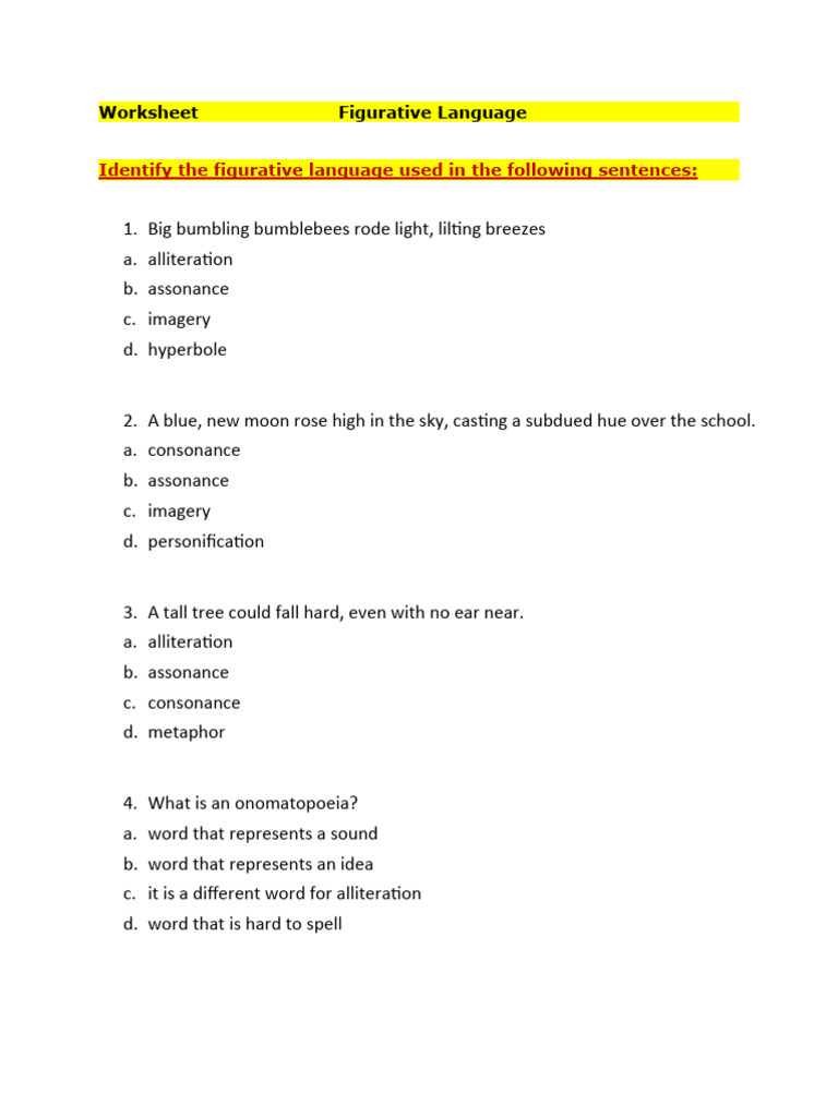 Worksheet Figurative Devices 9 | PDF | Poetic Devices | Linguistics