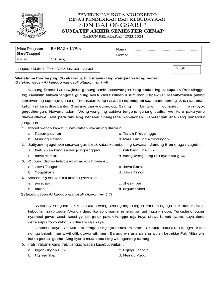 Sas Genap BHS Jawa KLS 5 | PDF