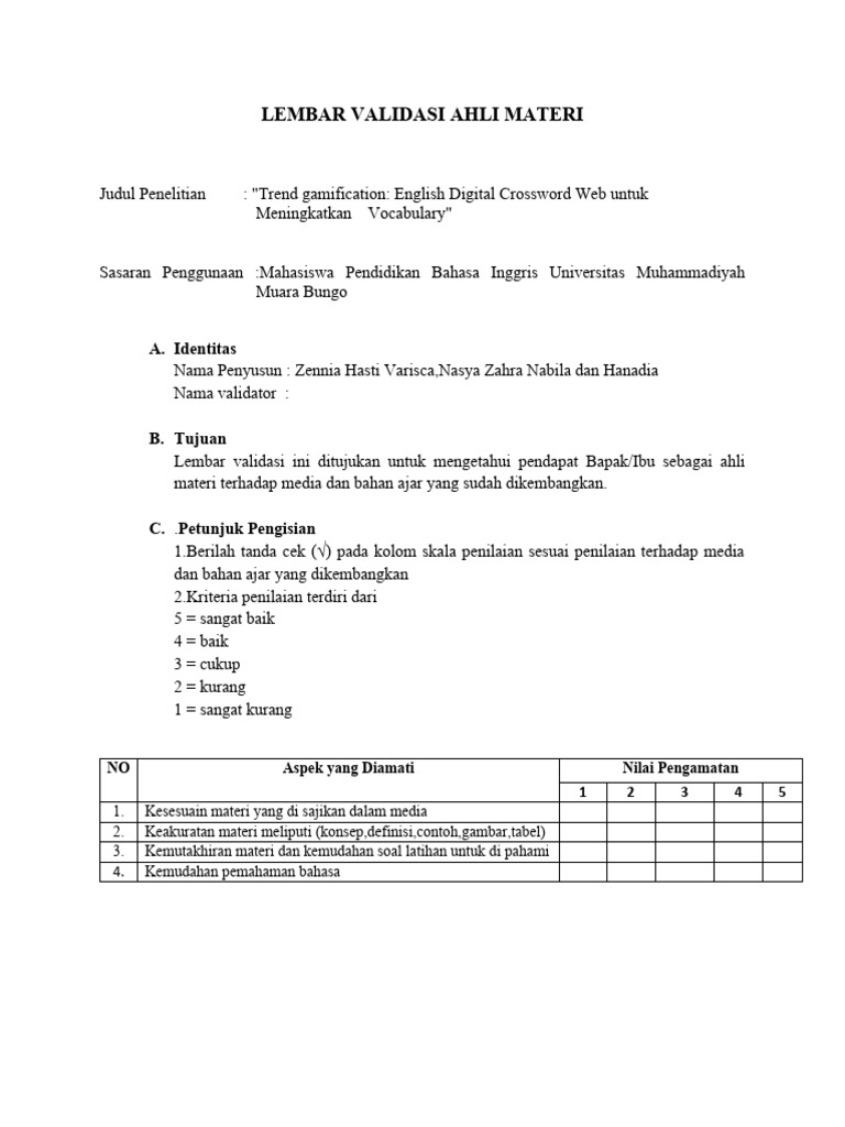 Lembar Validasi Ahli Materi Zennia | PDF