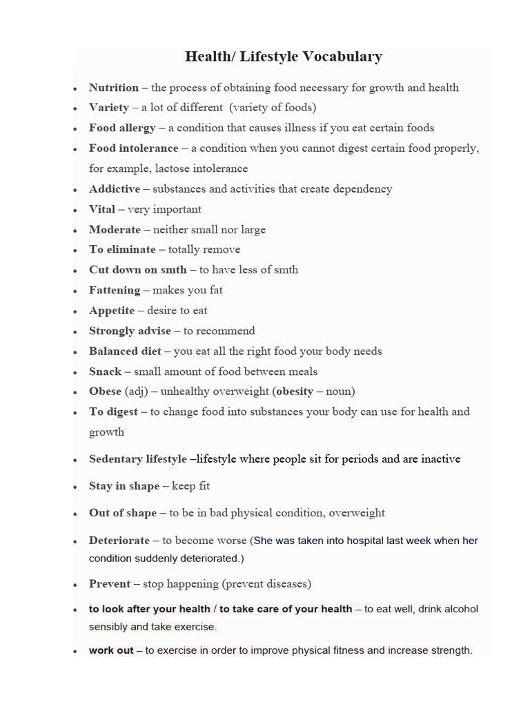 Healthy Lifestyle Vocabulary | PDF | Wellness