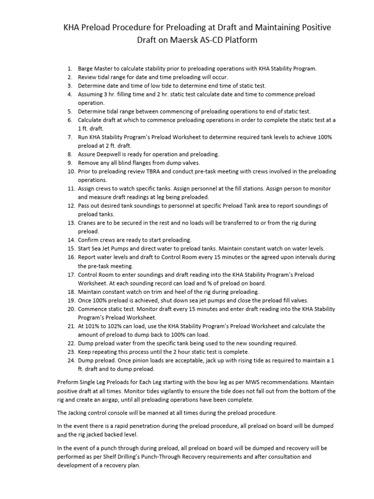 KHA Preload Procedure For Preloading at Draft and Maintaining Positive ...