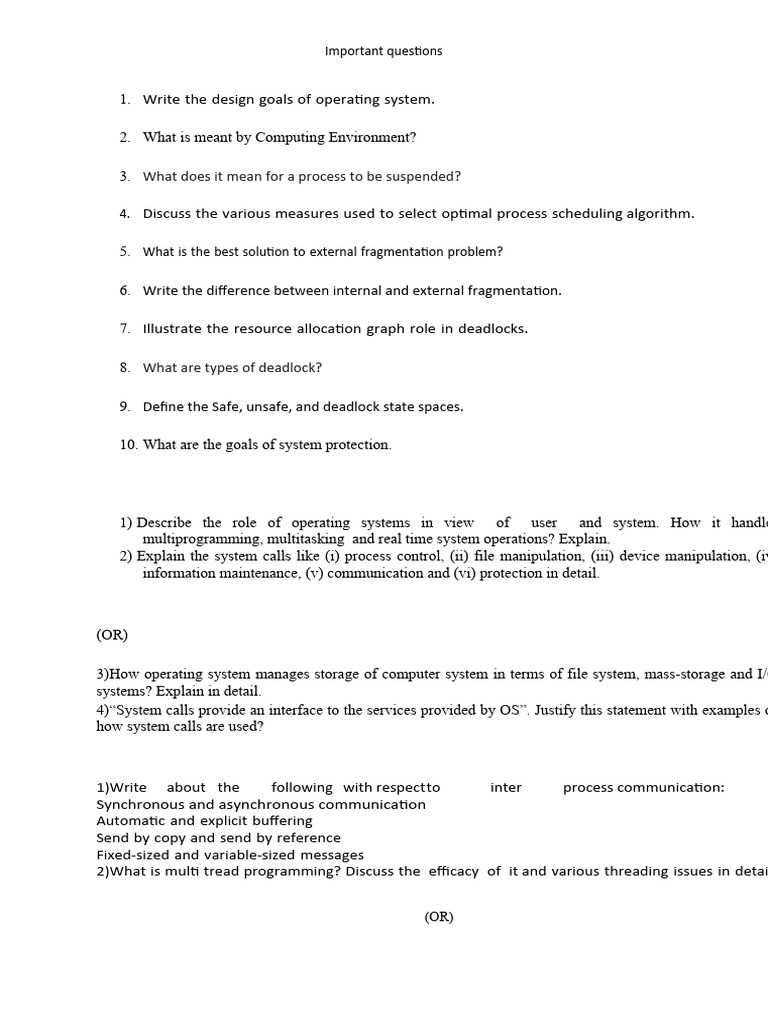 Operating System Important Questions Download Free Pdf Process Computing Operating System 
