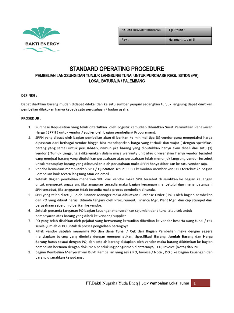 SOP Pembelian Barang Lokal Tunai | PDF