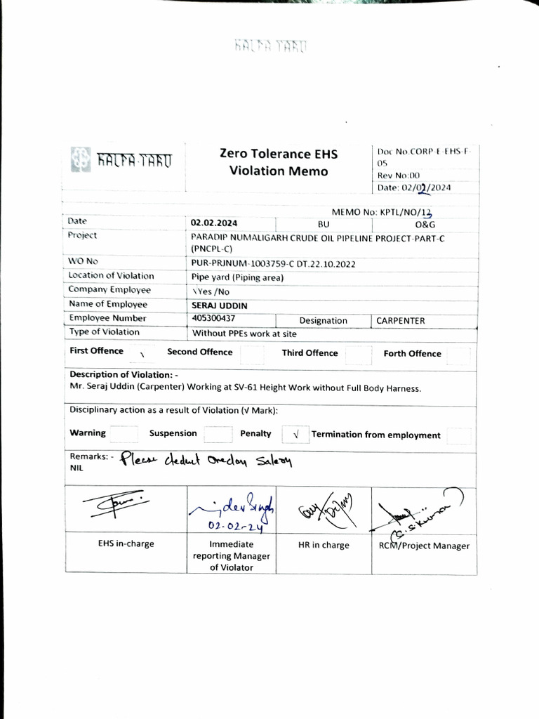 06-Zero Tolerance EHS Violation Memo-Feb-2024 | PDF