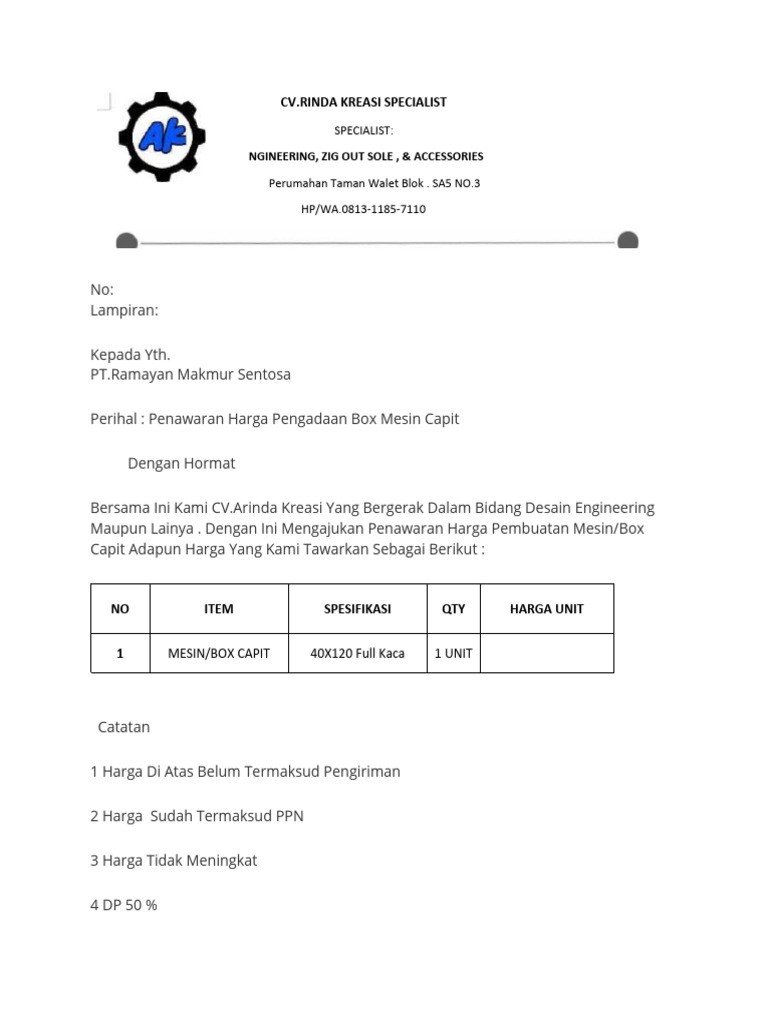 Surat Penawaran Mesin Capit | PDF