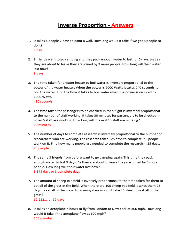 Inverse Proportion Worksheet Answers | PDF | Force | Physics