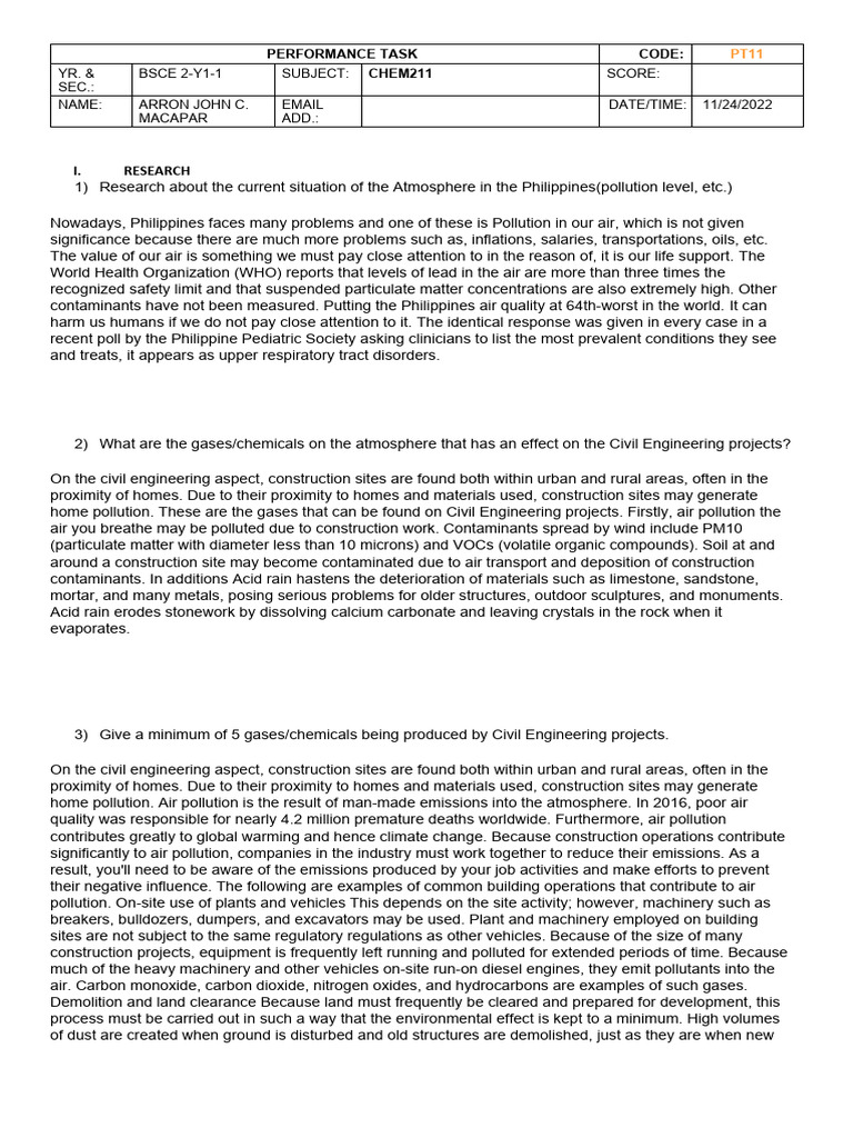 Chem211 - Performance Task 11 (Week 13) - Macapar-Arron John | PDF | Air Pollution | Oxide