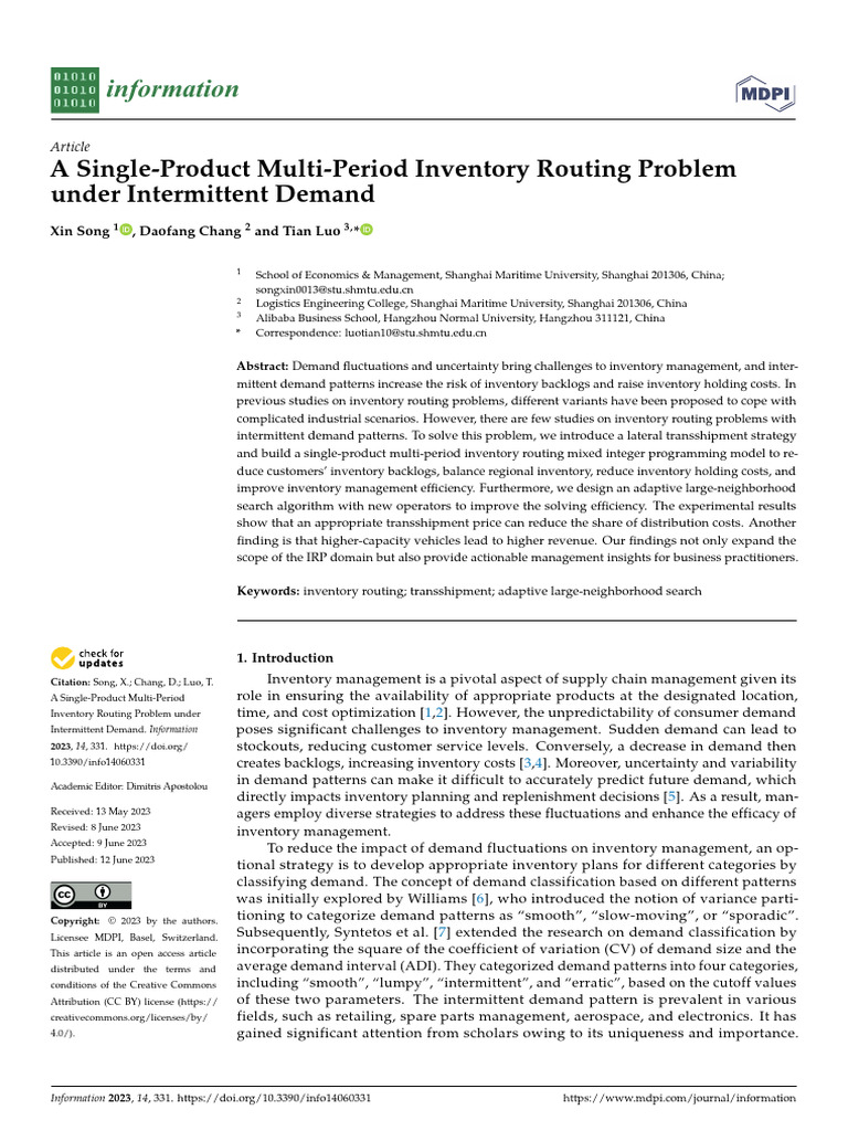 A SingleProduct MultiPeriod Inventory Routing Problem Under Intermittent DemandInformation ...