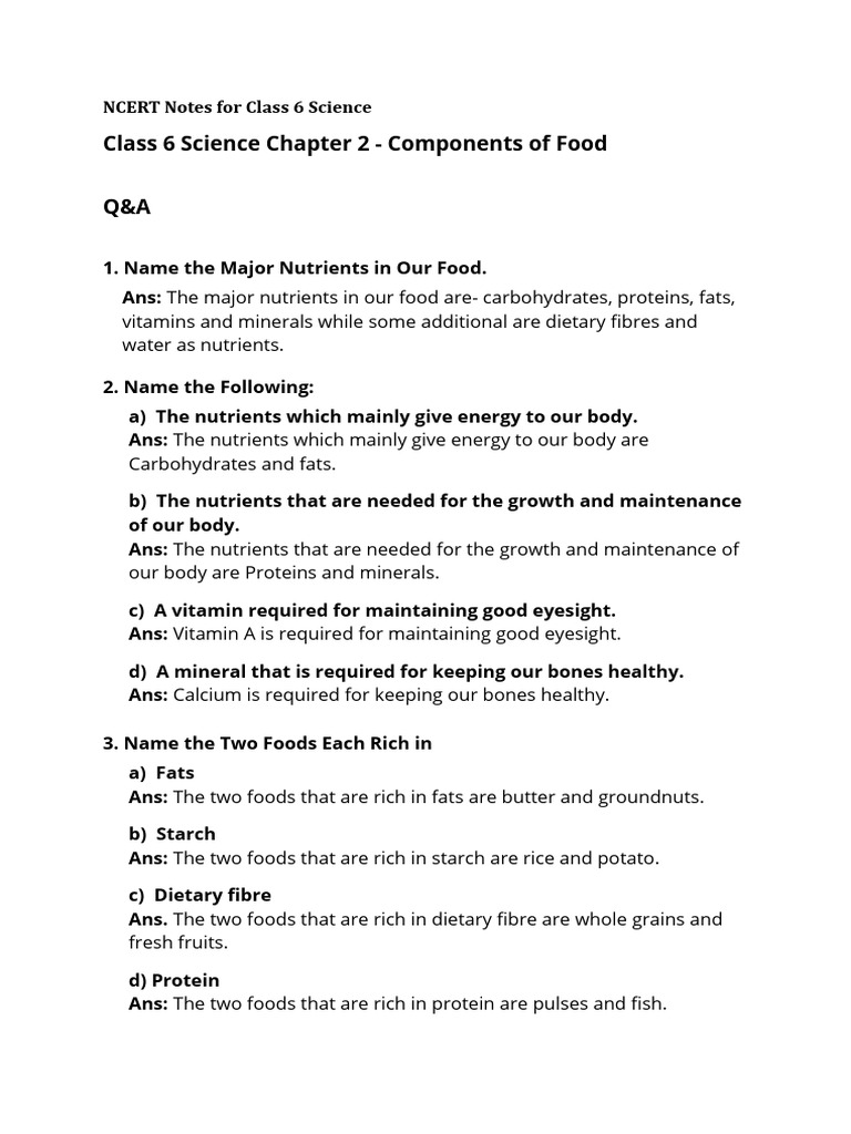 Class 6 Science Chapter 2 Components of Food | PDF | Foods | Vitamin