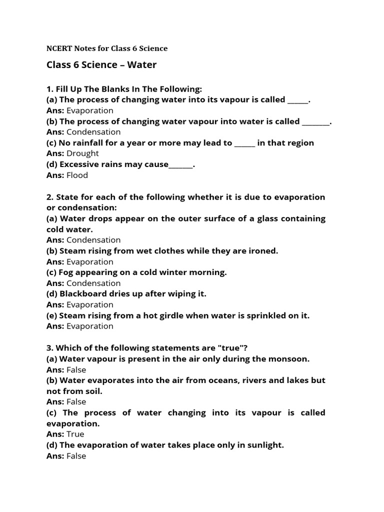 Class 6 Science Chapter Water | PDF | Water Vapor | Water