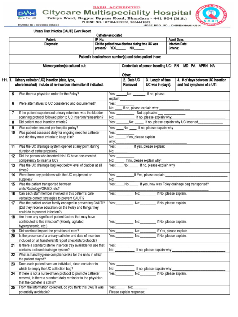 CAUTI RCA Form | PDF | Medical Specialties | Clinical Medicine