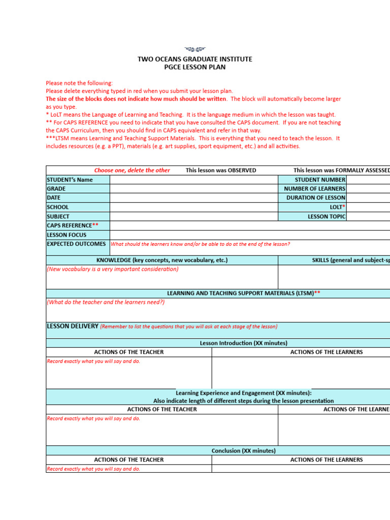 PGCE Lesson Plan Template Guide | PDF | Learning | Lesson Plan
