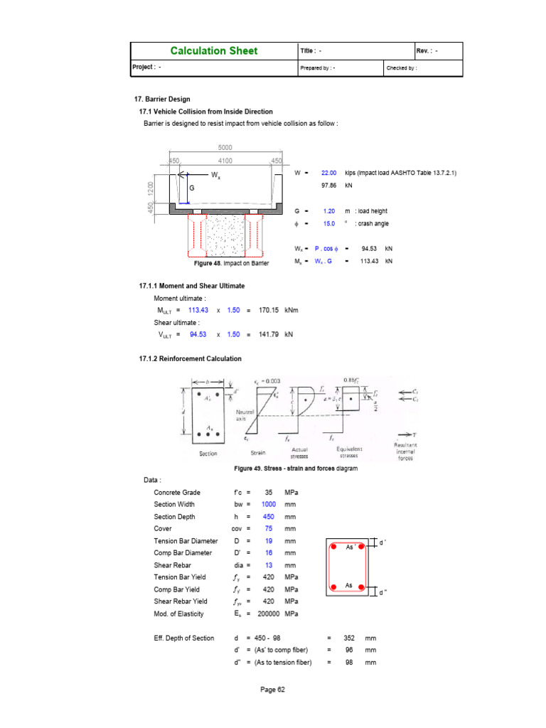 Calculation Sheet: 17. Barrier Design 17.1 Vehicle Collision From Inside Direction | PDF ...