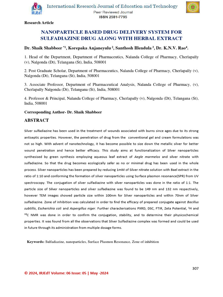Nanoparticle Drug Delivery for Sulfadiazine | PDF | Nanoparticle | Silver