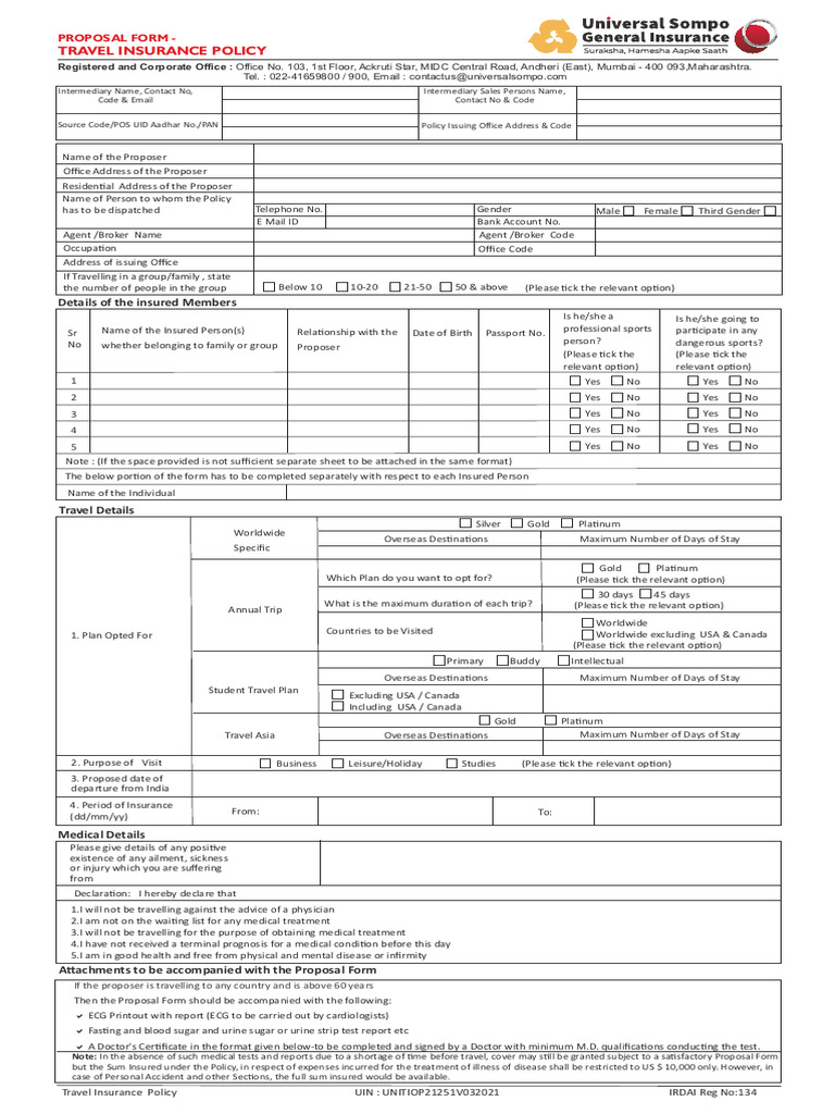 Travel Insurance Proposal Form | PDF | Money | Banking Technology