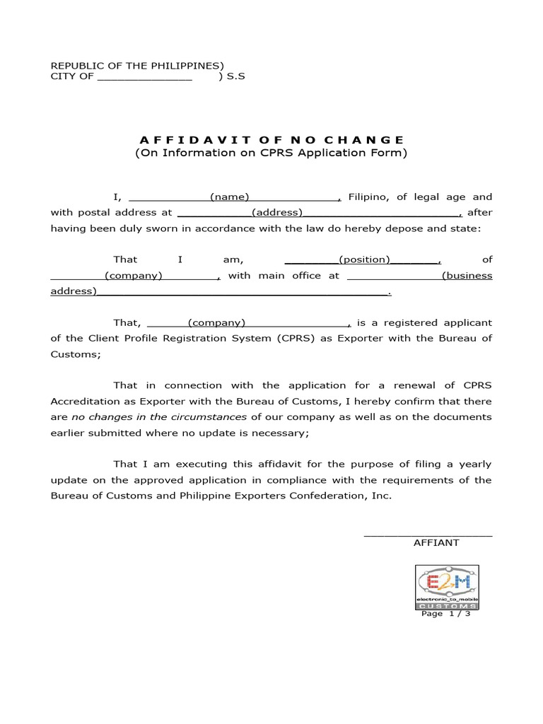 Affidavit of No Change for CPRS | PDF | Affidavit | Privacy
