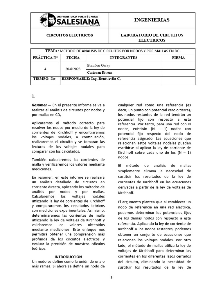 Labcirc Pract4 Nodos Mallas DC Presencial p62 | PDF | Red eléctrica | voltaje