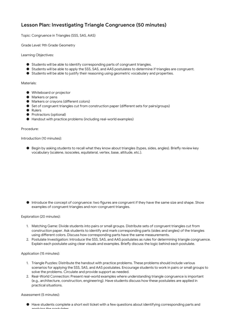 Lesson Plan - Investigating Triangle Congruence (50 Minutes) | PDF ...