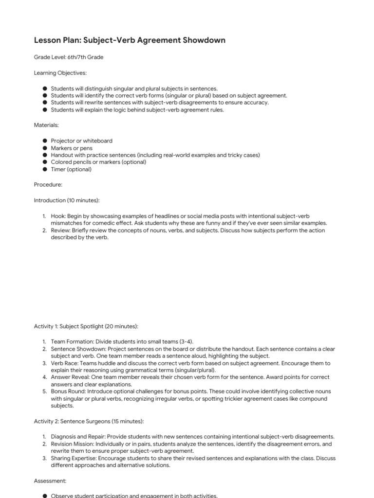 Lesson Plan - Subject-Verb Agreement Showdown - Middle School | PDF ...