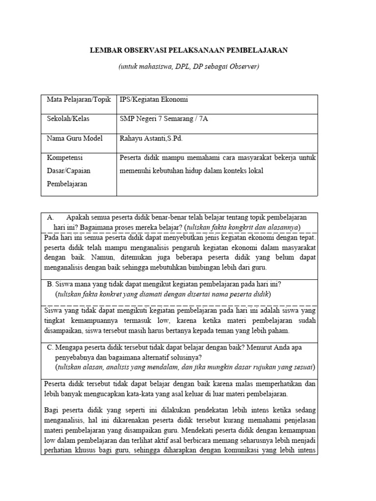 Topik 3 - LK 4 Lembar Observasi Pelaksanaan Pembelajaran Untuk Observer-Siklus 2 | PDF