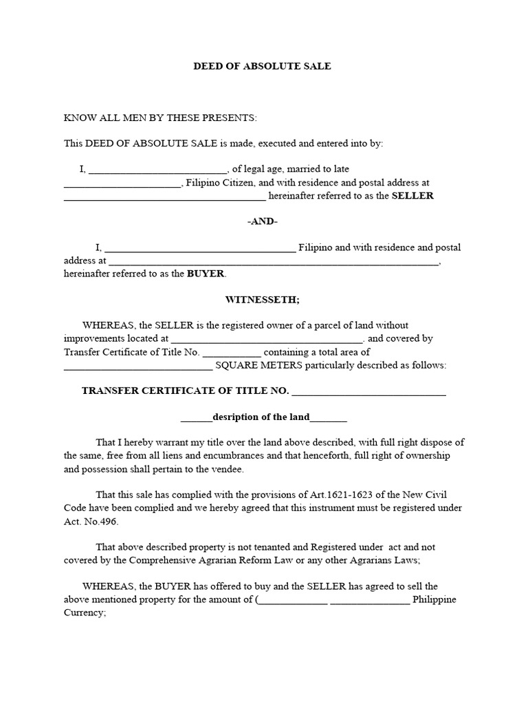 DEED OF ABSOLUTE SALE | PDF | Title (Property) | Deed