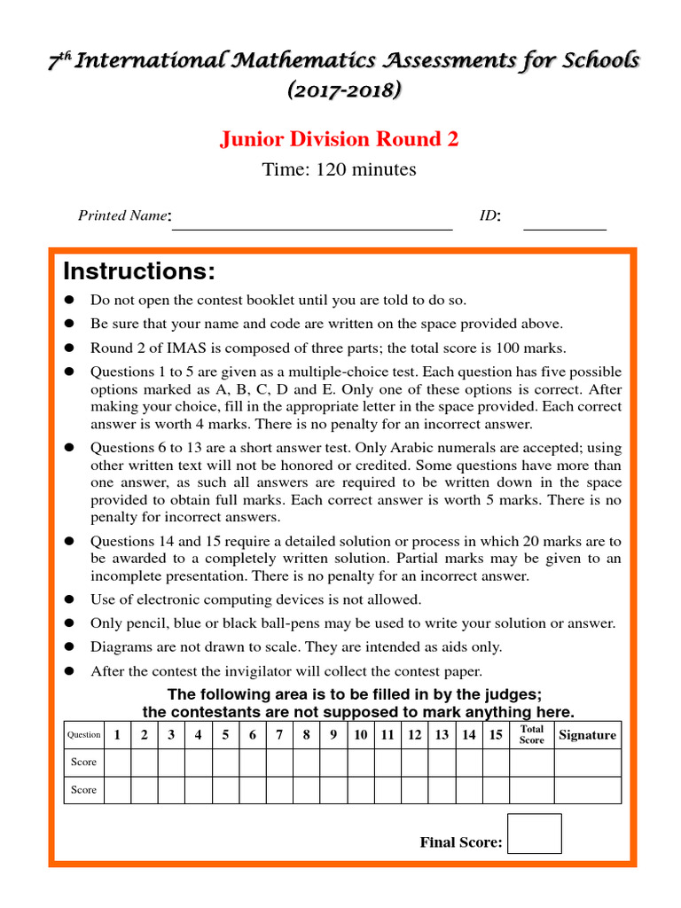 2018 IMAS - Second Round - Junior - Eng - 0303 | PDF | Numbers ...