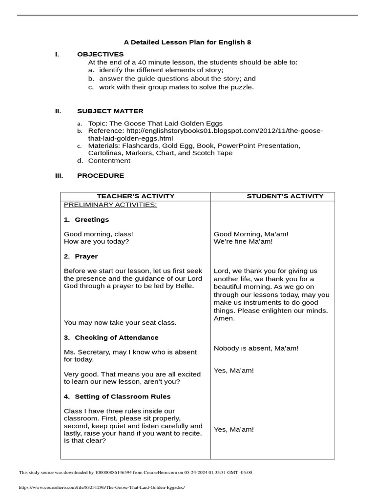 Lesson Plan: The Golden Goose Story | PDF | Fable