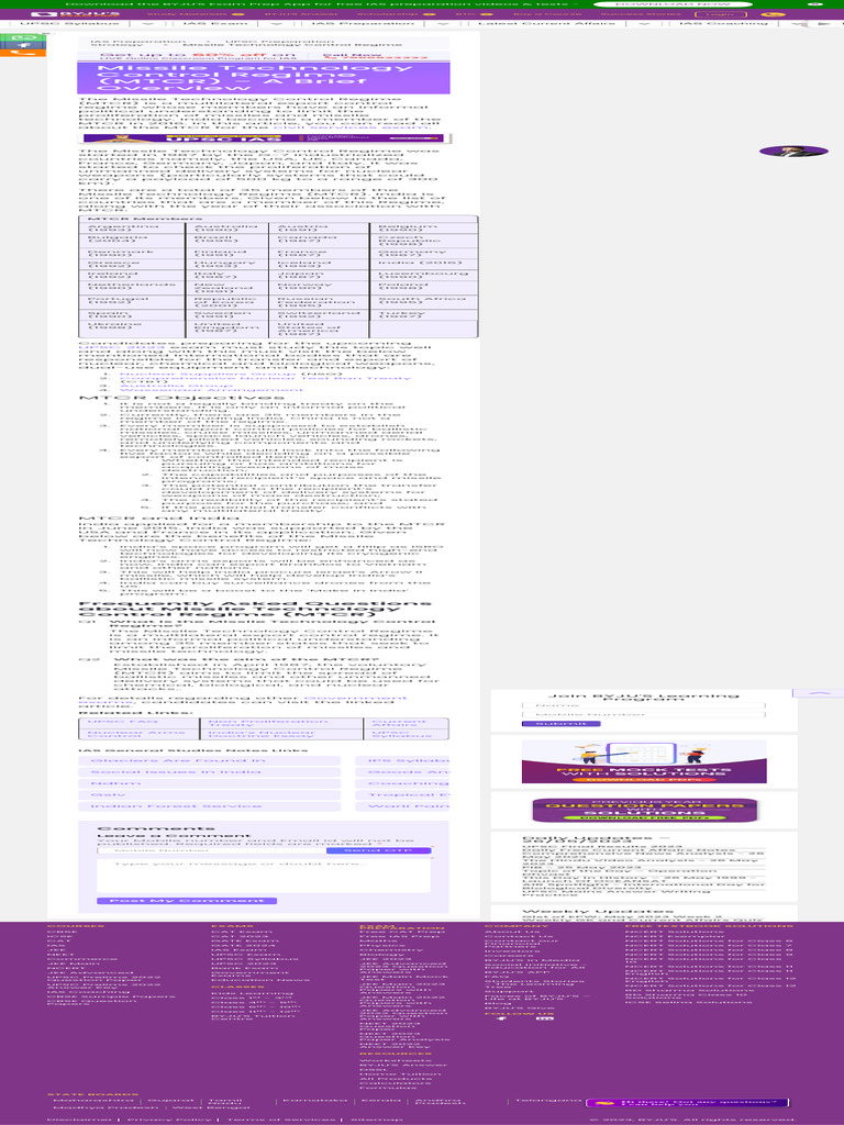 Missile Technology Control Regime (MTCR) - Objectives, Participant ...