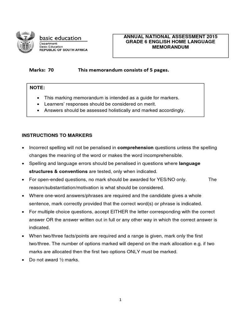 Grade 6 English Assessment Memorandum | PDF | Comma | Human Communication