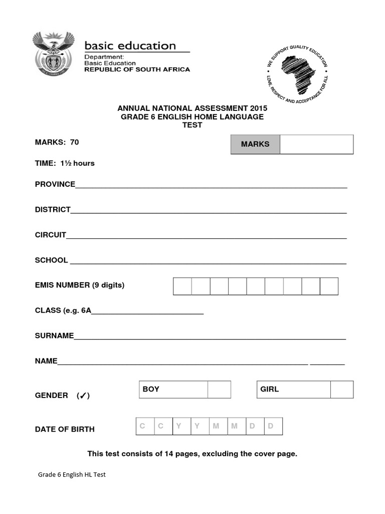 Grade 6 English HL Test Overview | PDF | English Language | Question