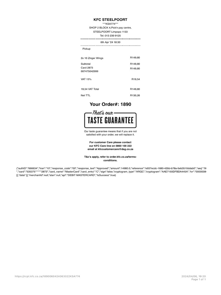 KFC South Africa - Kiosk Digital Receipt | PDF | Payments | Business