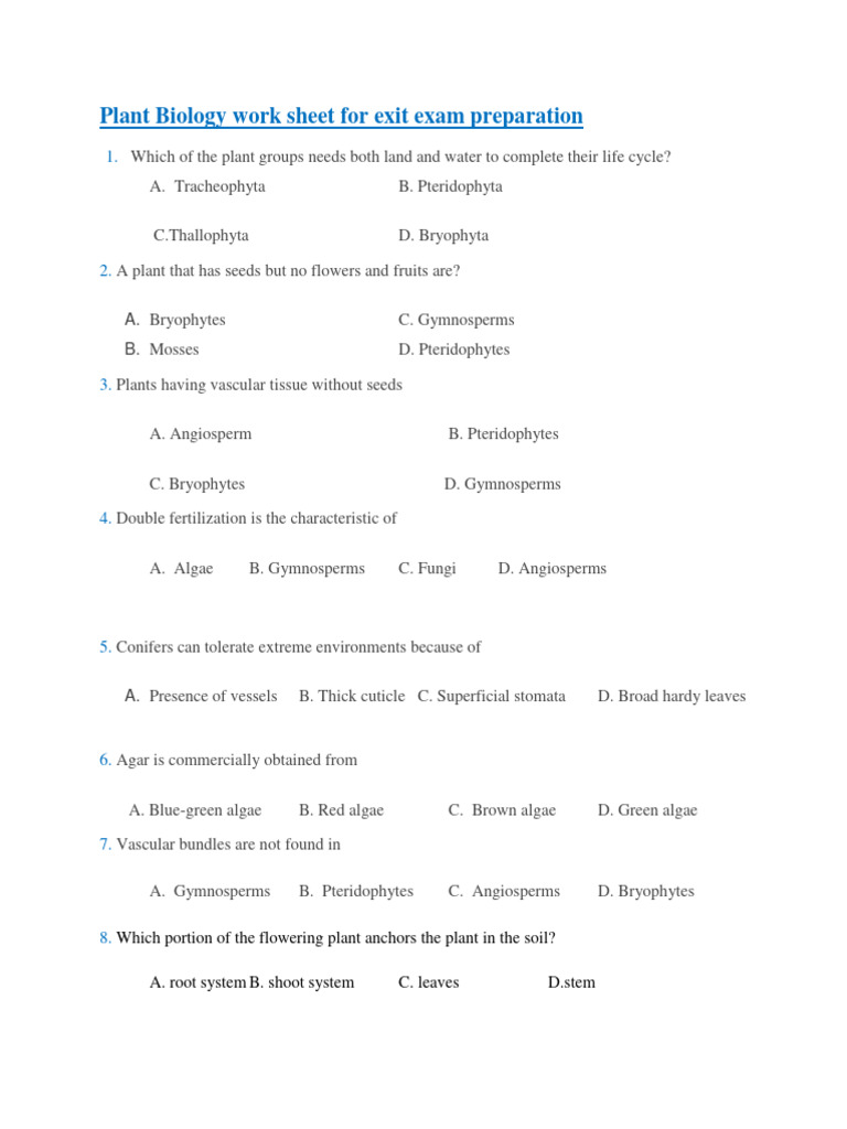 Plant Biology Work Sheet For Exit Exam 1 | PDF | Plants | Plant Stem