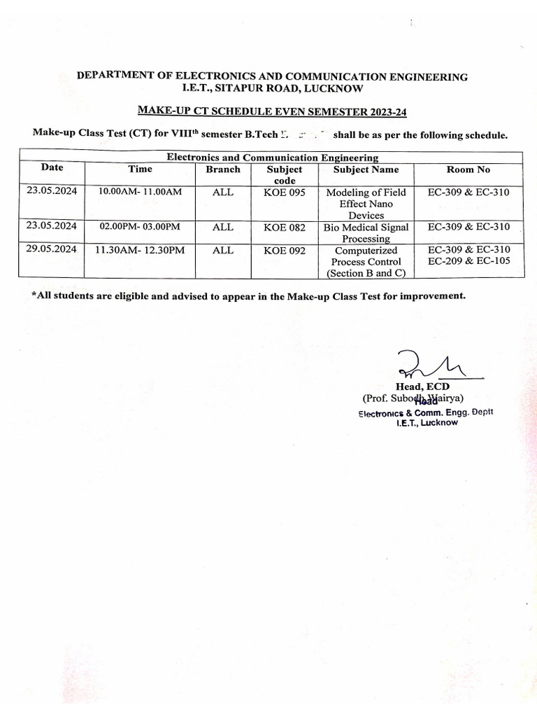 Make-Up CT SCHEDULE For 6th and 8th Semester Examination | PDF