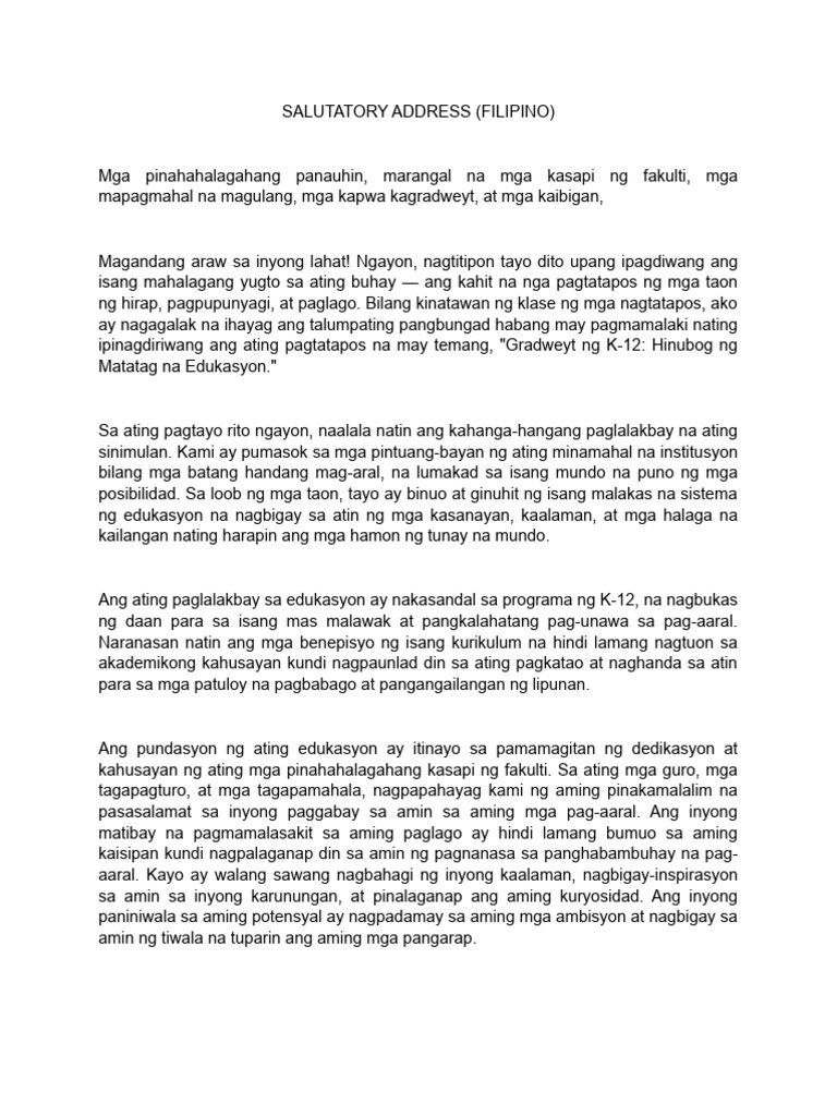 SALUTATORY ADDRESS FILIPINO | PDF